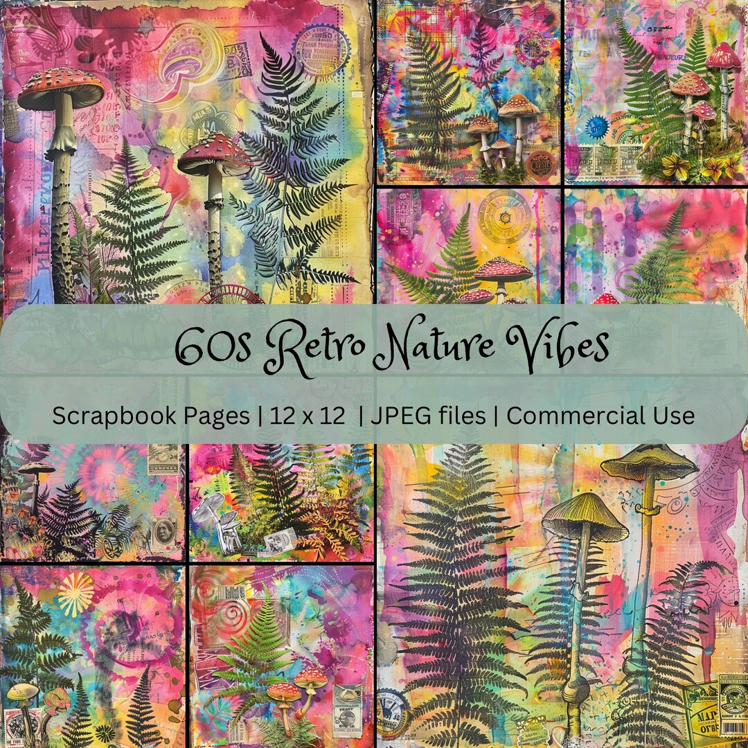 60s Retro Nature Vibes Digital Scrapbook Pages, 12x12 Fern and Mushroom ...