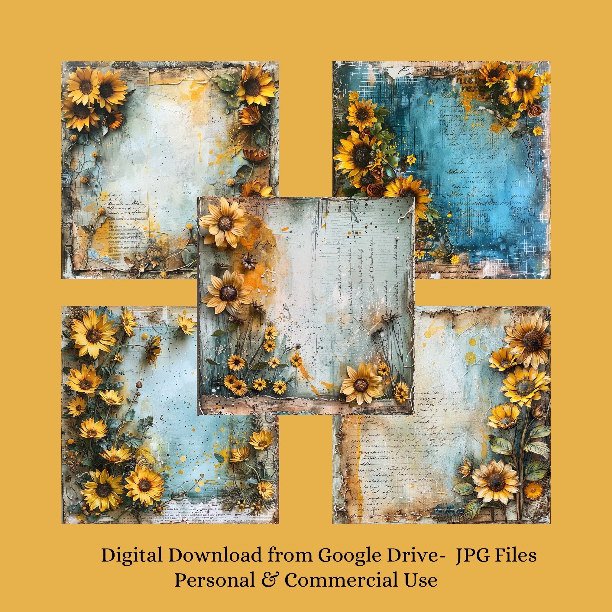 Sunflower Scrapbook Paper, Vintage Floral Digital Background ...