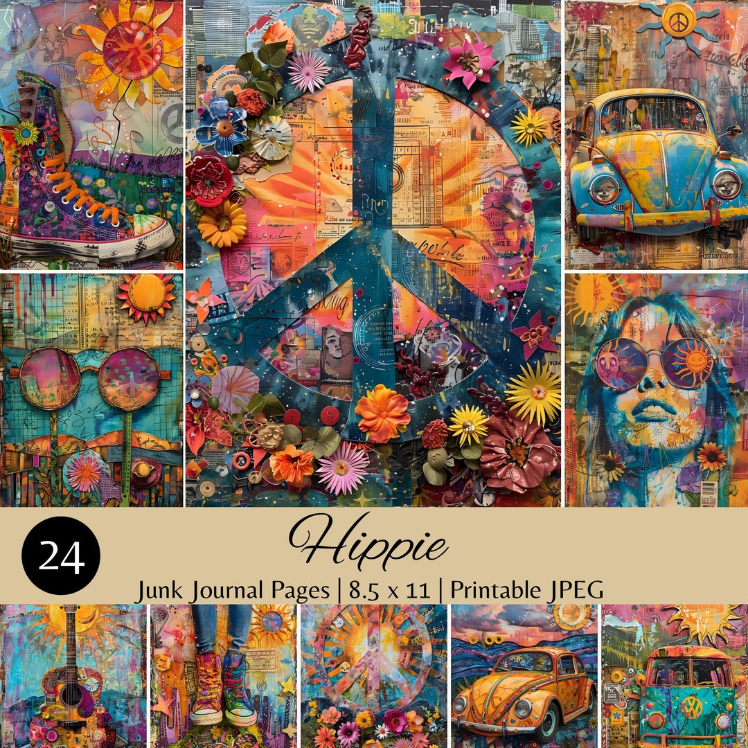 Vintage Hippie Digital Junk Journal Pages, 60s Retro Peace Collage Kit ...