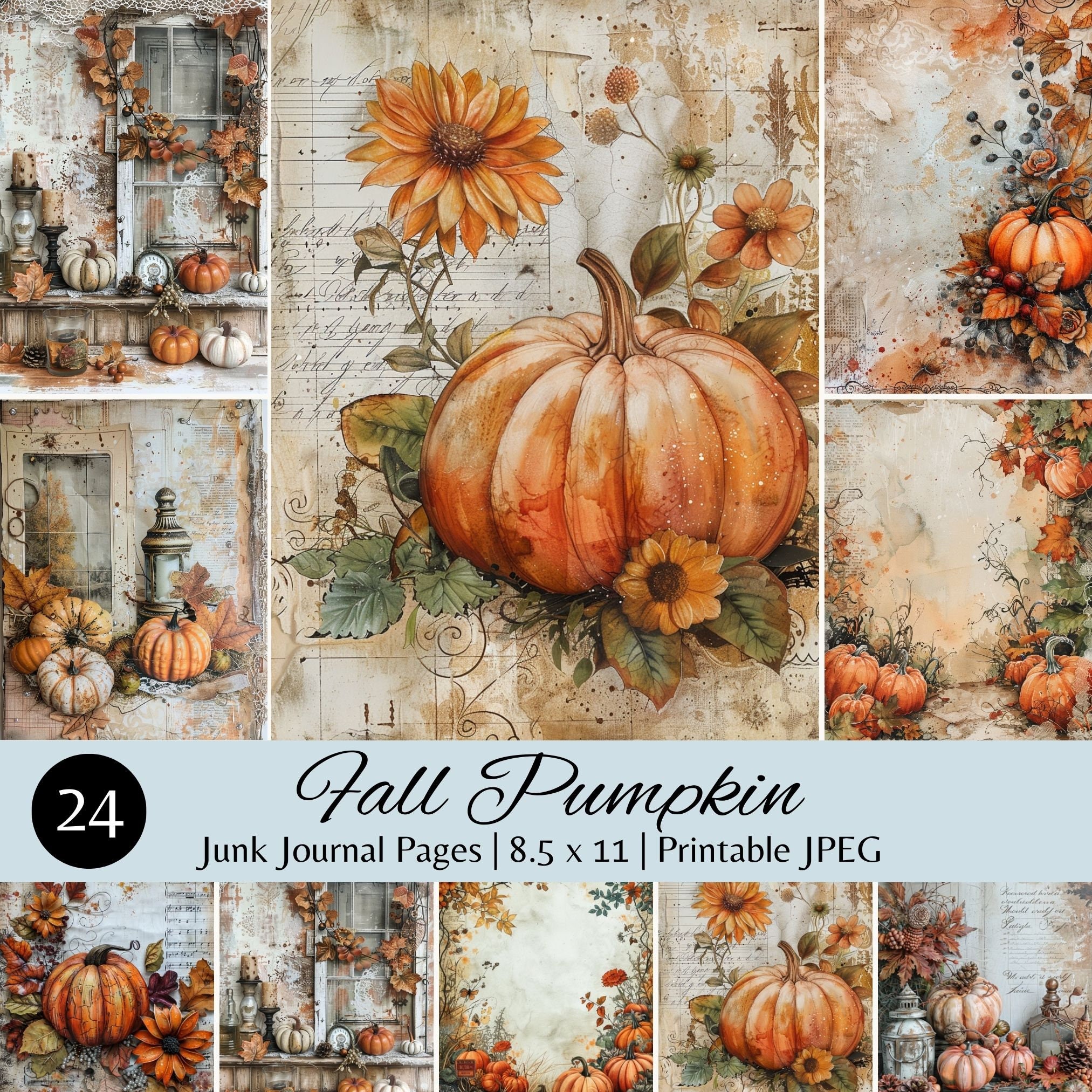 Vintage Fall Pumpkin Junk Journal Pages, 24 Printable Jpegs, 8.5 X 11 ...
