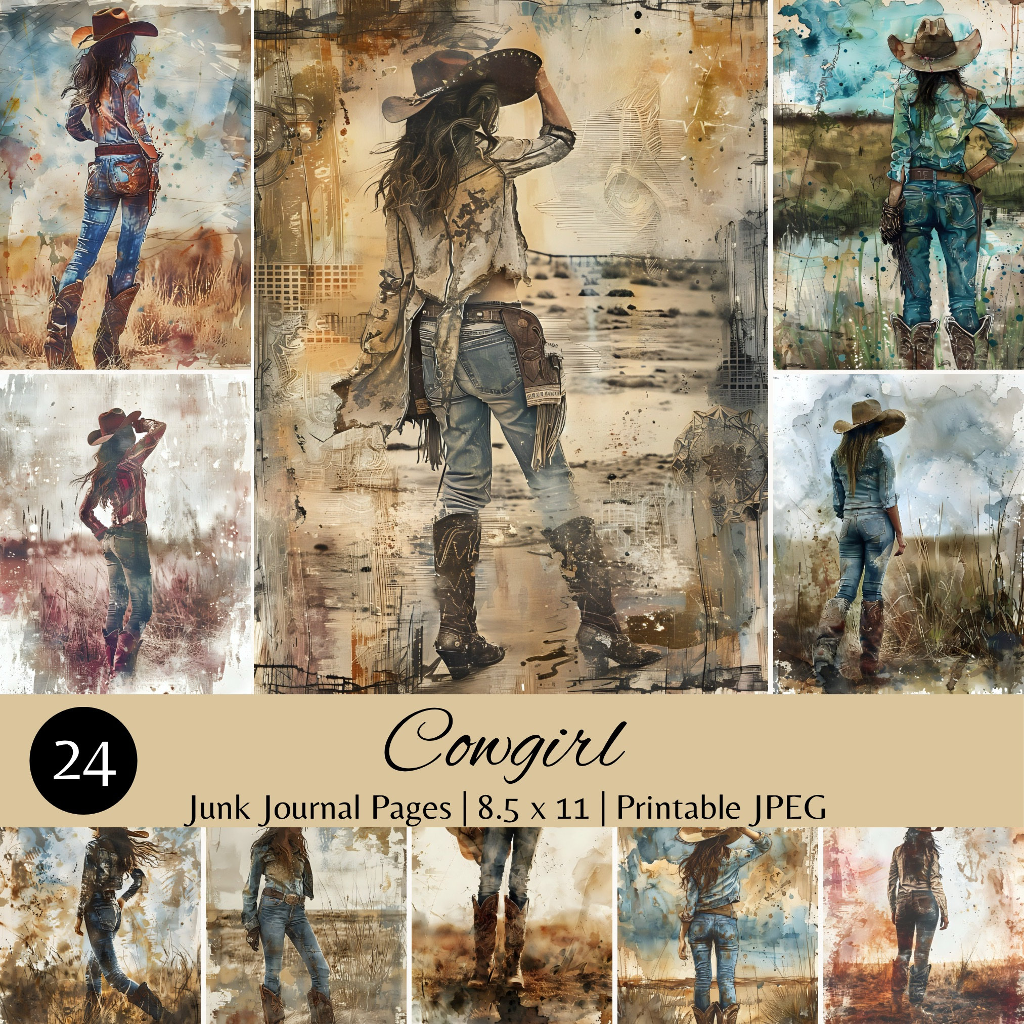 Cowgirl Themed Junk Journal Pages, Printable Western Digital Art, 8 ...