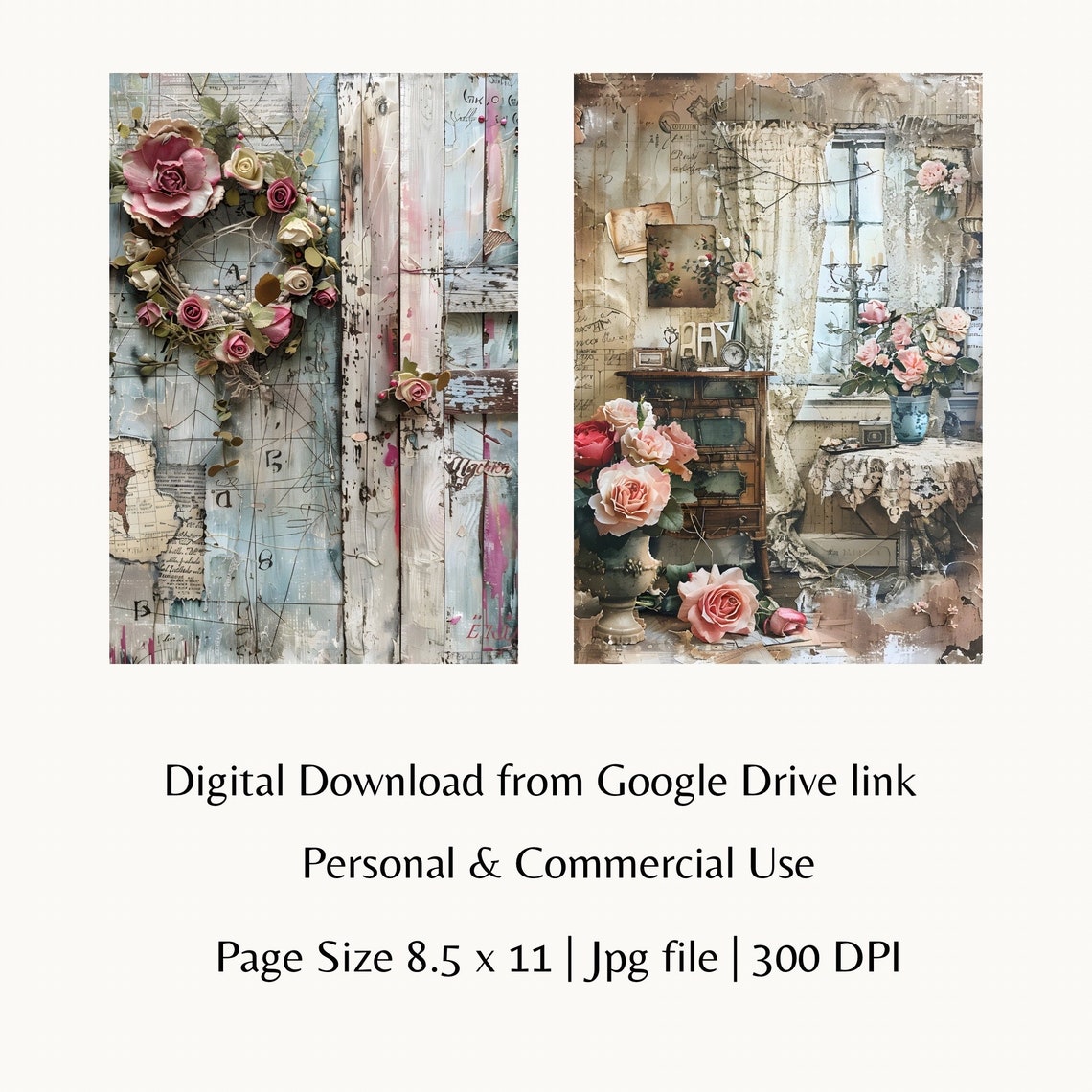 Vintage Shabby Roses Junk Journal Pages, Digital Download, 24 Printable ...