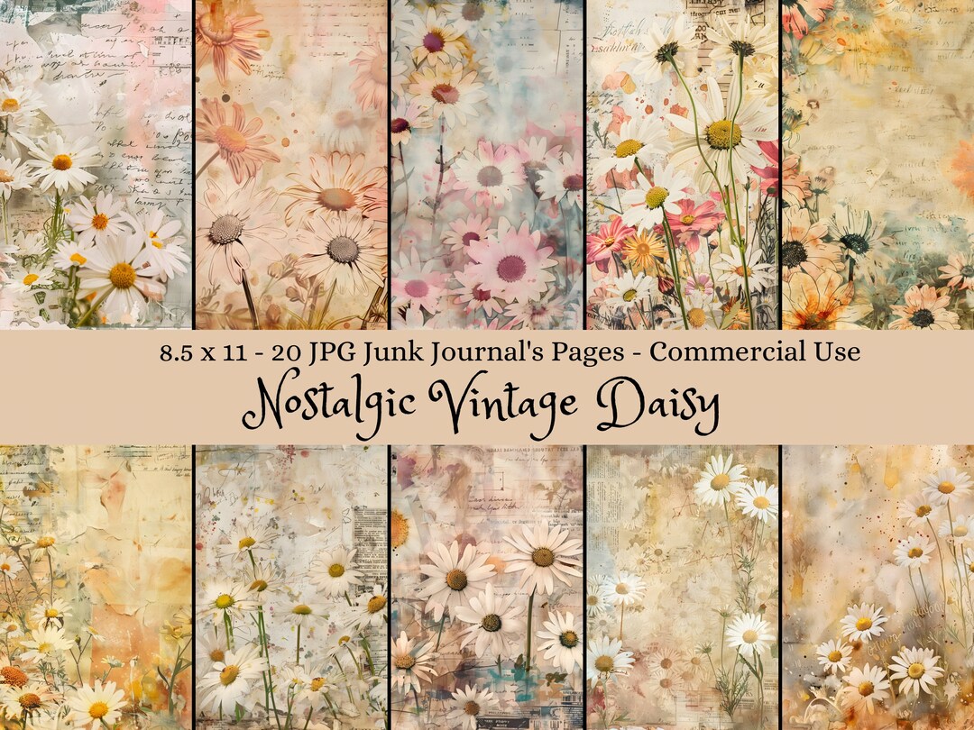 Vintage Daisy Digital Papers Pack, 8.5x11 Junk Journal Pages, Printable ...