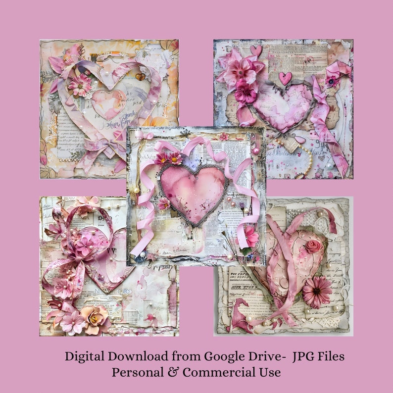 Vintage Heart Scrapbook Paper Pack, Pink Ribbon Digital Backgrounds ...