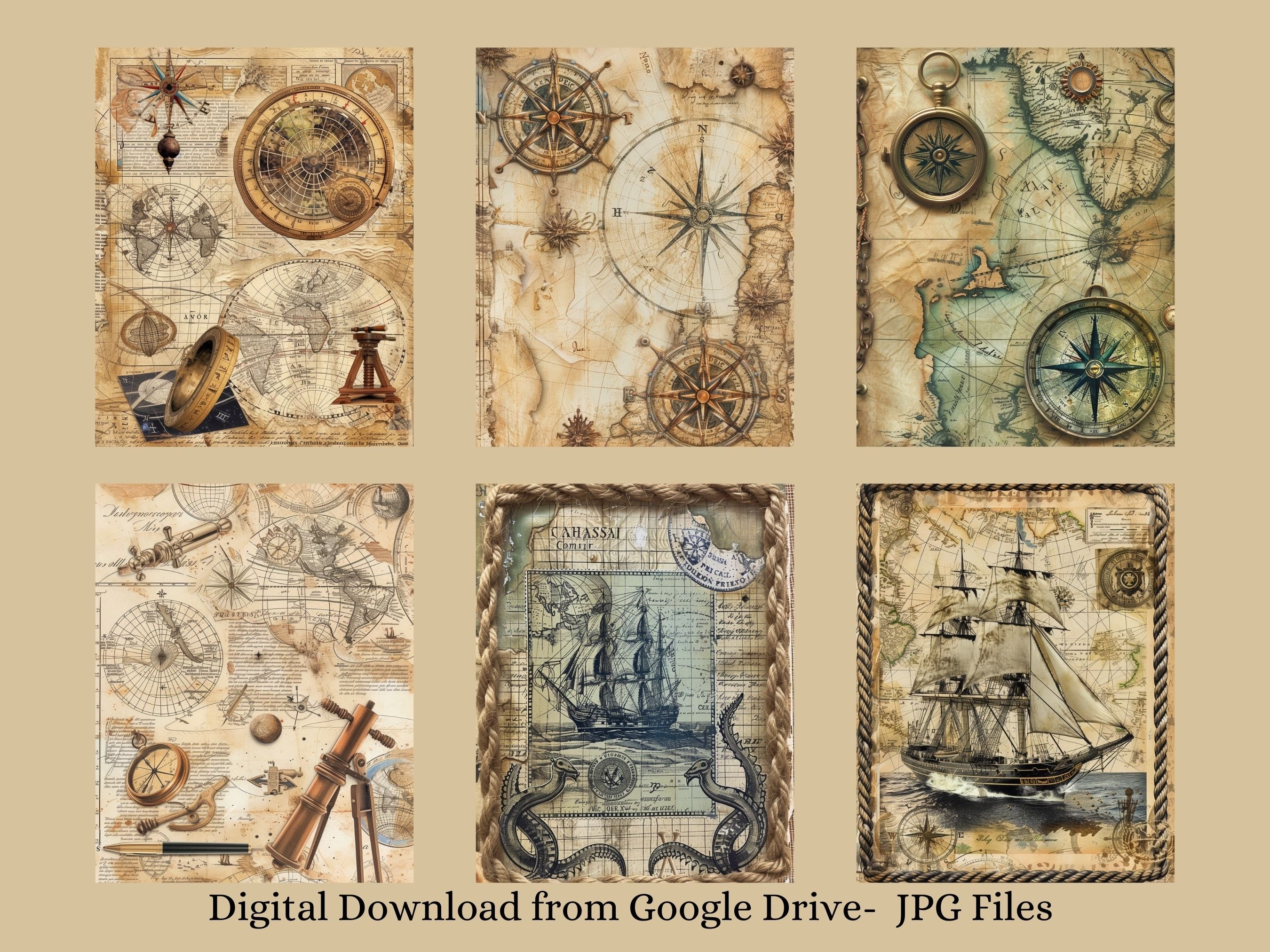 Vintage Maps Digital Paper, Antique Nautical Map Printables, Old World ...