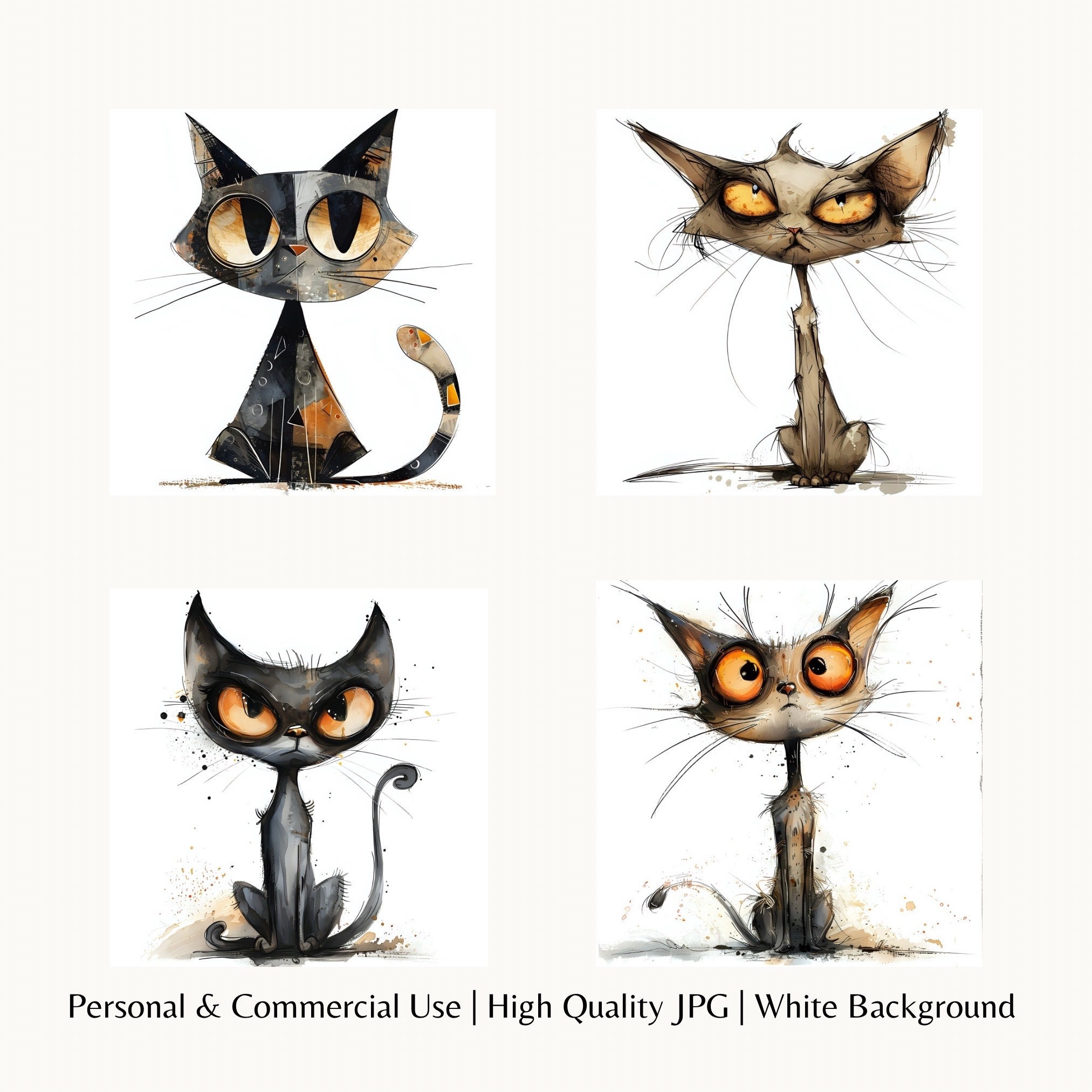 Watercolor Black Skinny Cat Clipart, Kids Art , Digital JPG File, Cute ...