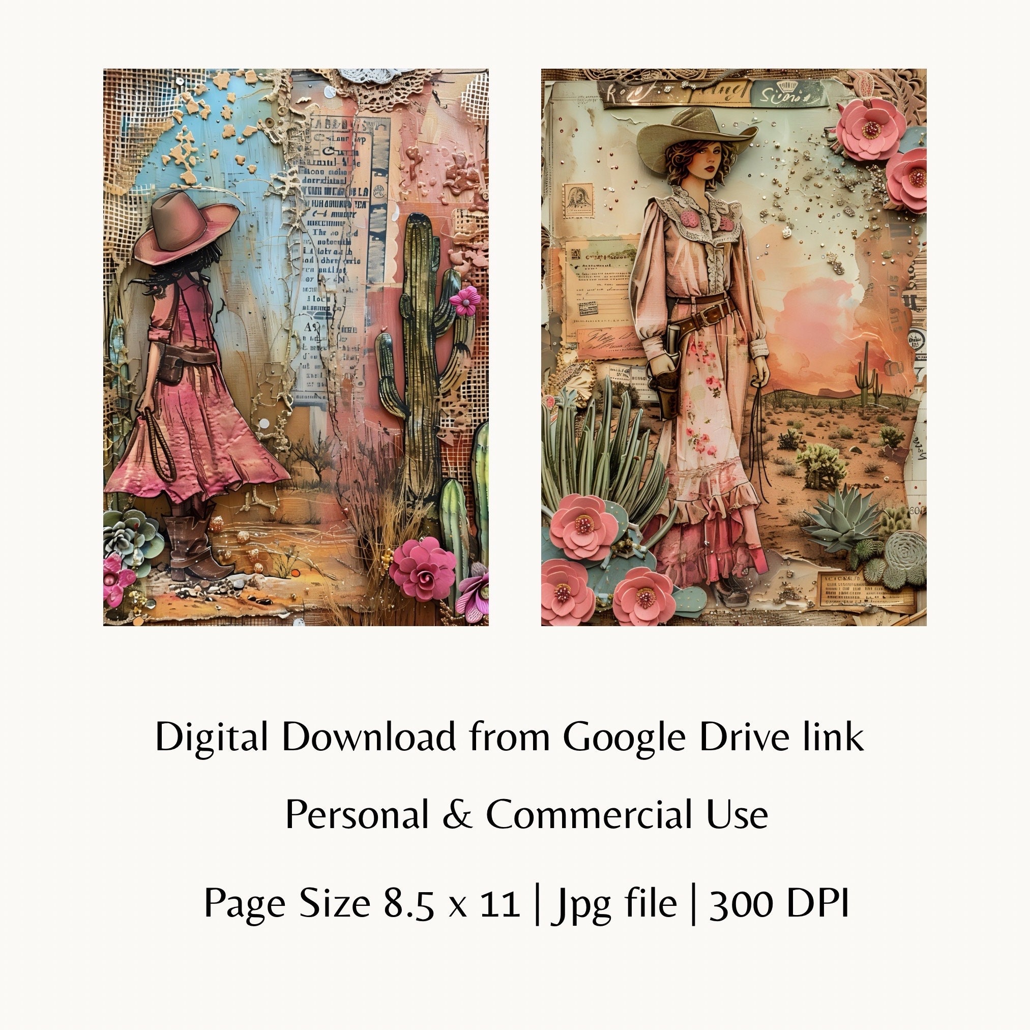 Printable Pink Cowgirl Digital Collage, Western Junk Journal Pages ...