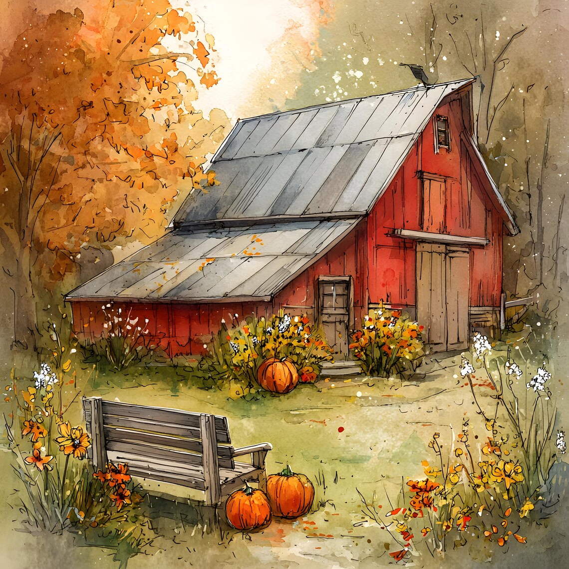 Red Barn in Fall Clip Art 10 High Res Watercolor Jpgs for Junk ...