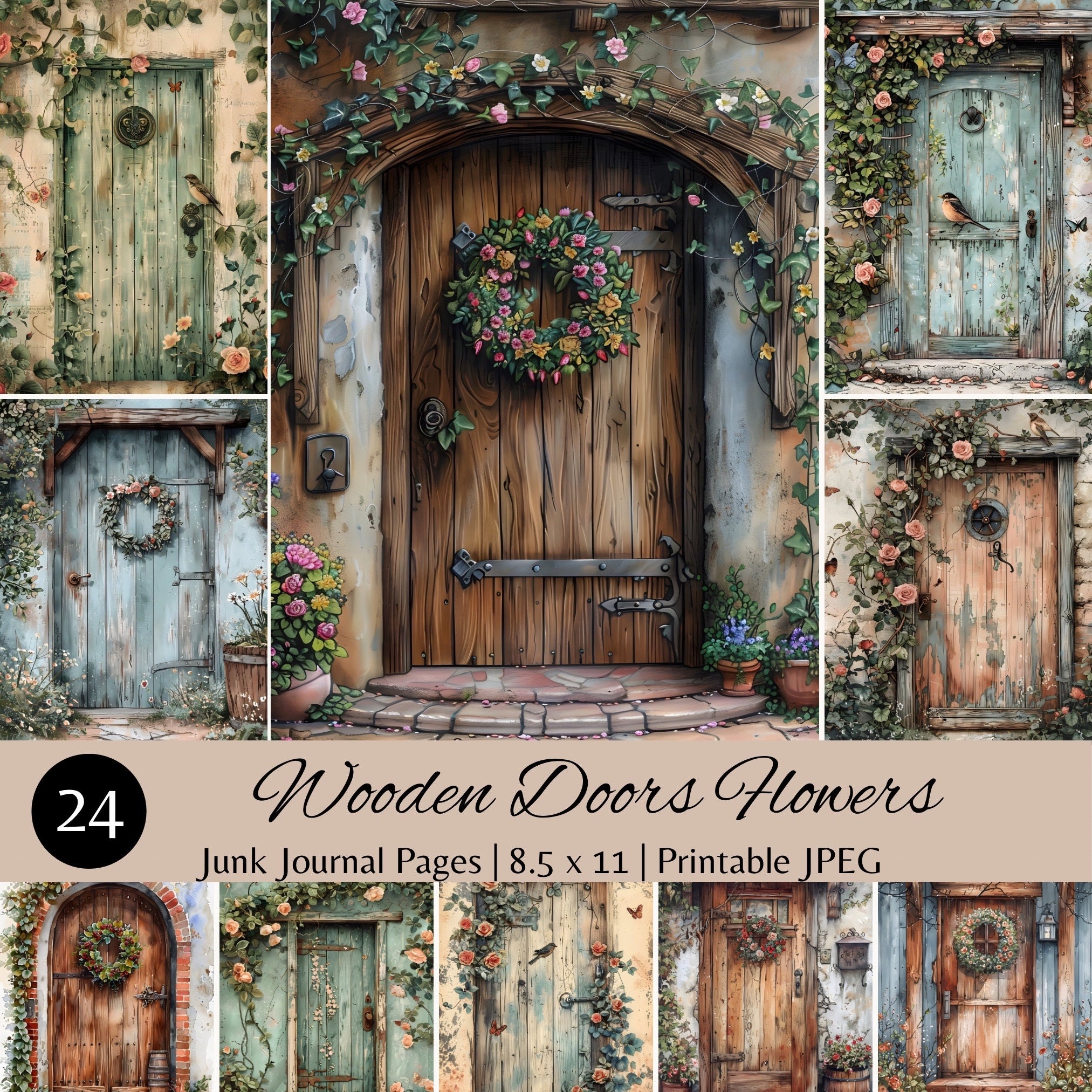 Printable Junk Journal Pages, Wooden Doors Flowers, Junk Journal Kit ...