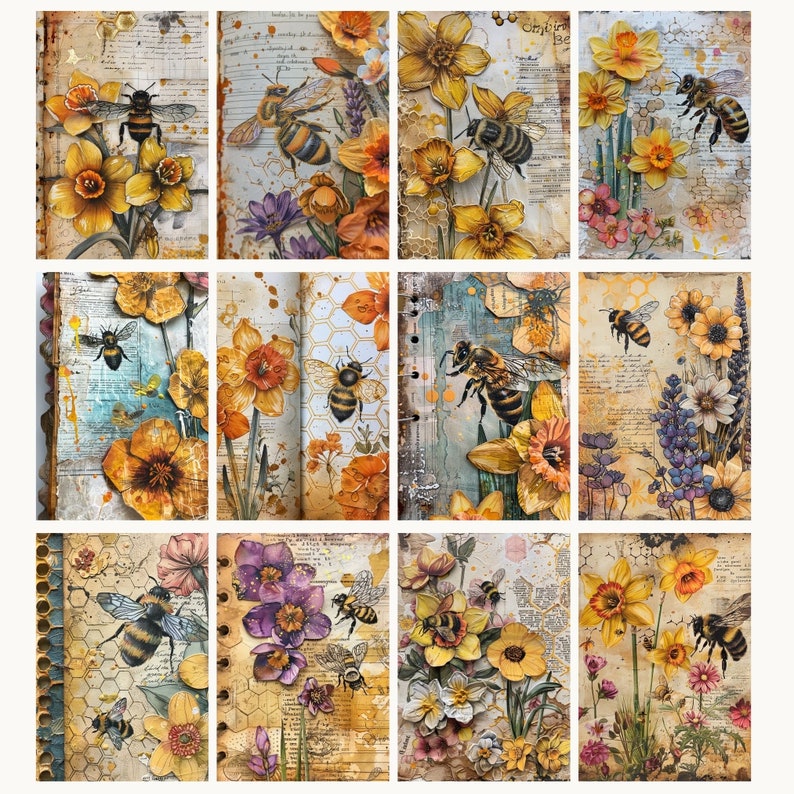 Spring Honey Bee Junk Journal Pages, Printable Vintage Bee Theme, 8 ...