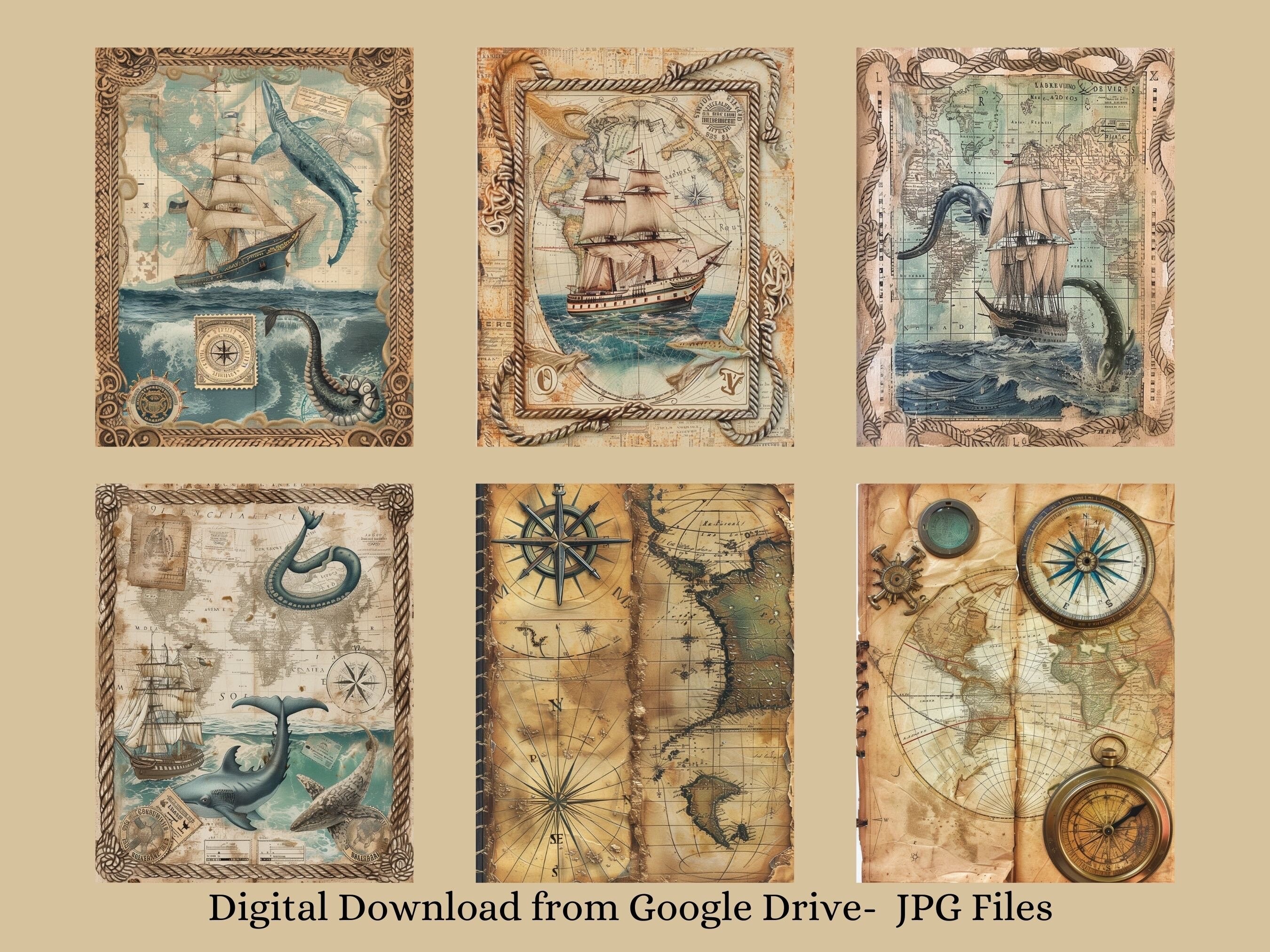 Vintage Maps Digital Paper, Antique Nautical Map Printables, Old World ...