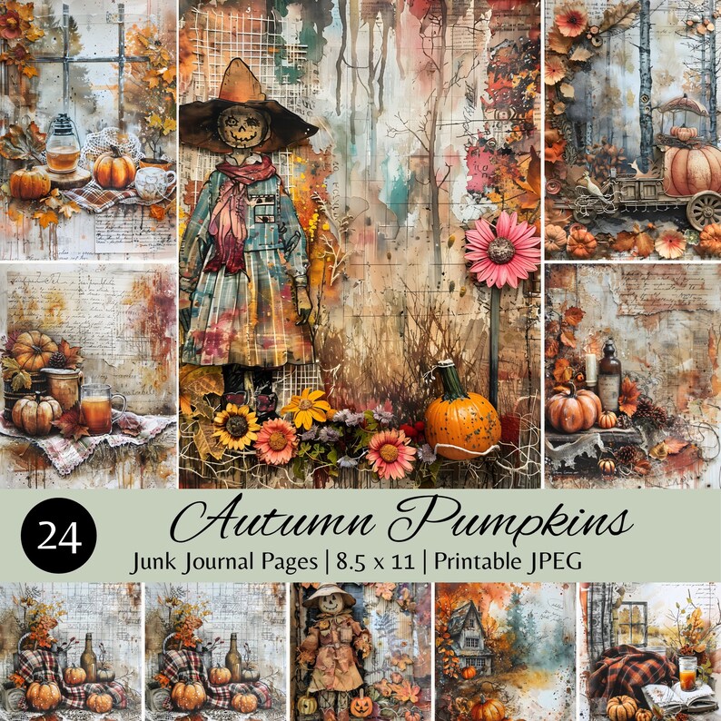 Autumn Pumpkins Junk Journal Pages, Fall Themed Printable Ephemera, 8 ...