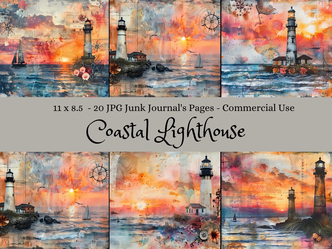 Digital Lighthouse Printables, Junk Journal Pages, Coastal Sunset ...