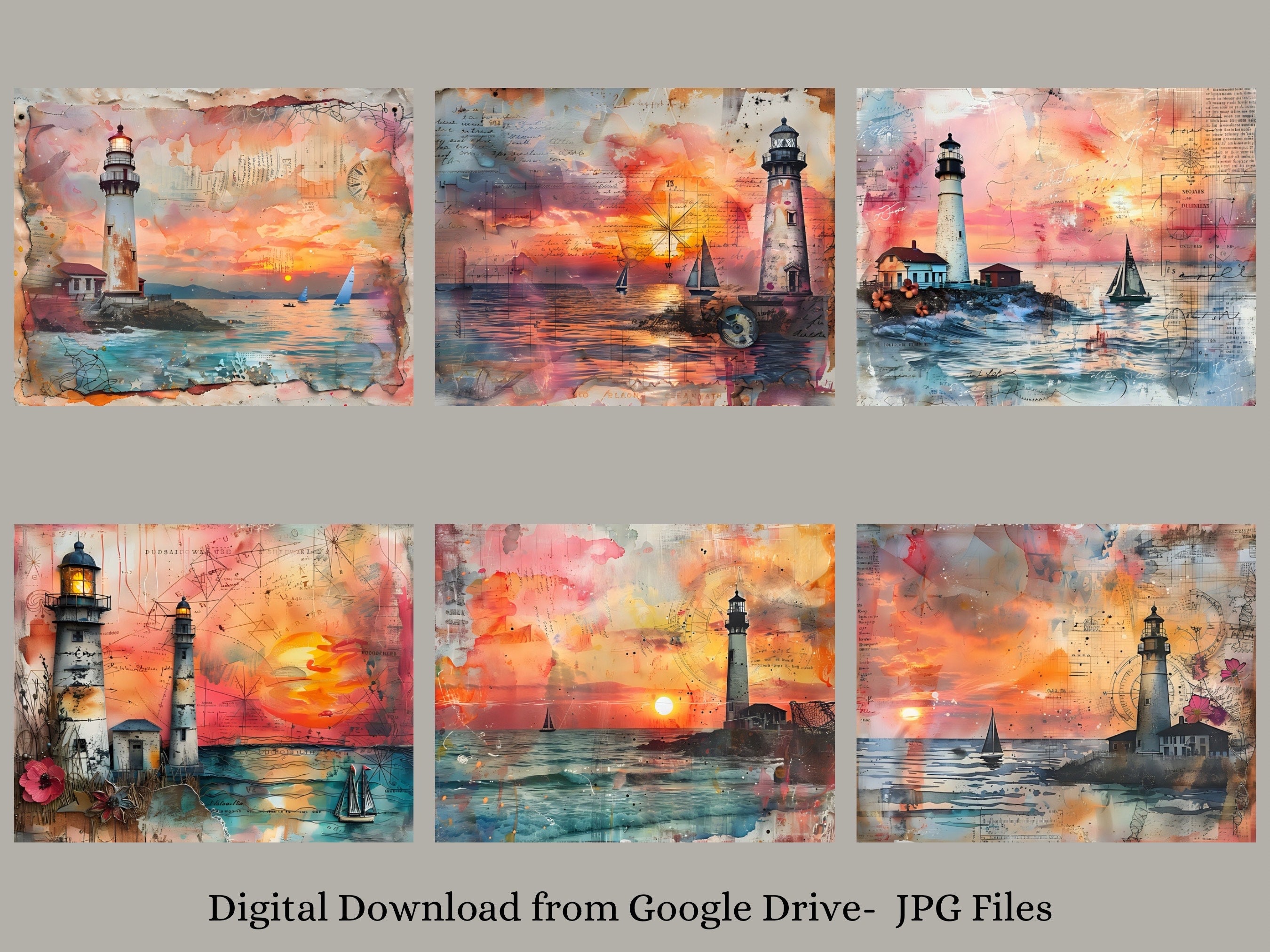 Digital Lighthouse Printables, Junk Journal Pages, Coastal Sunset ...