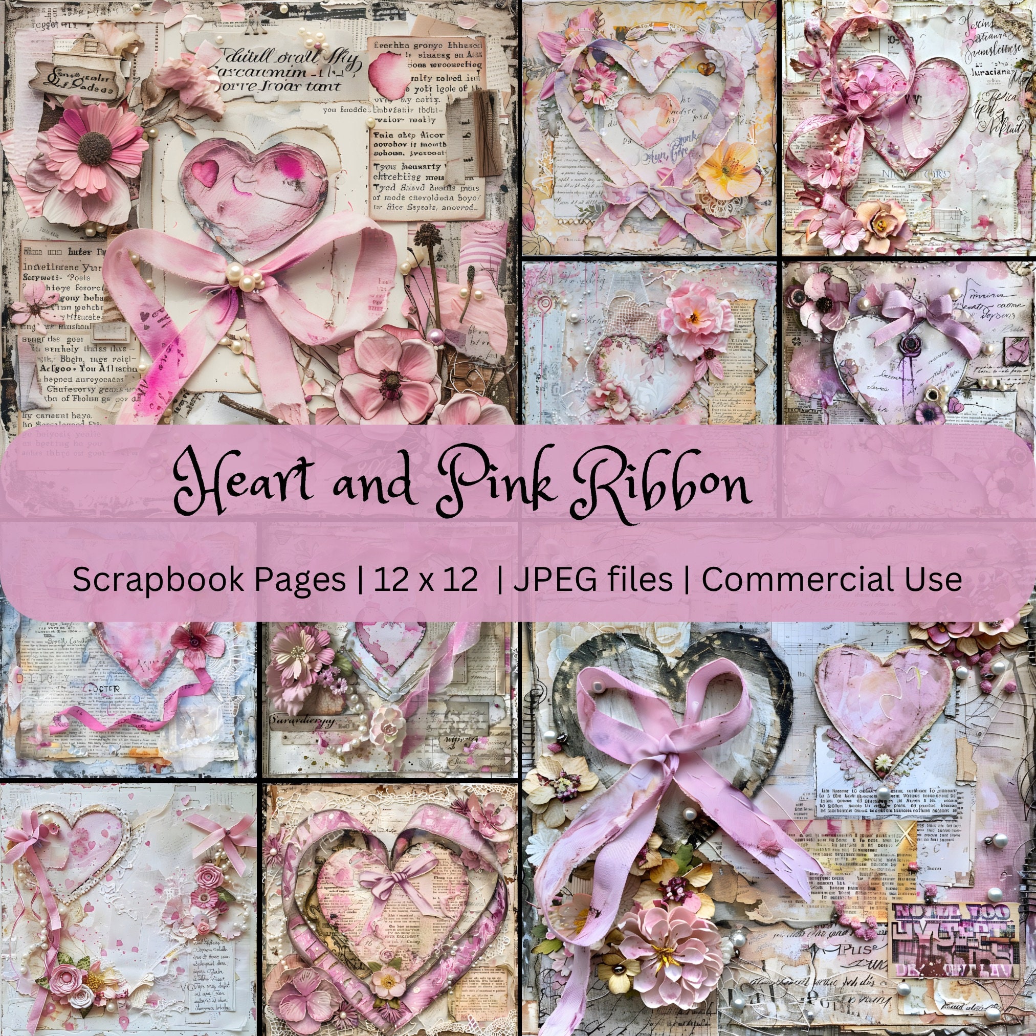 Vintage Heart Scrapbook Paper Pack, Pink Ribbon Digital Backgrounds ...
