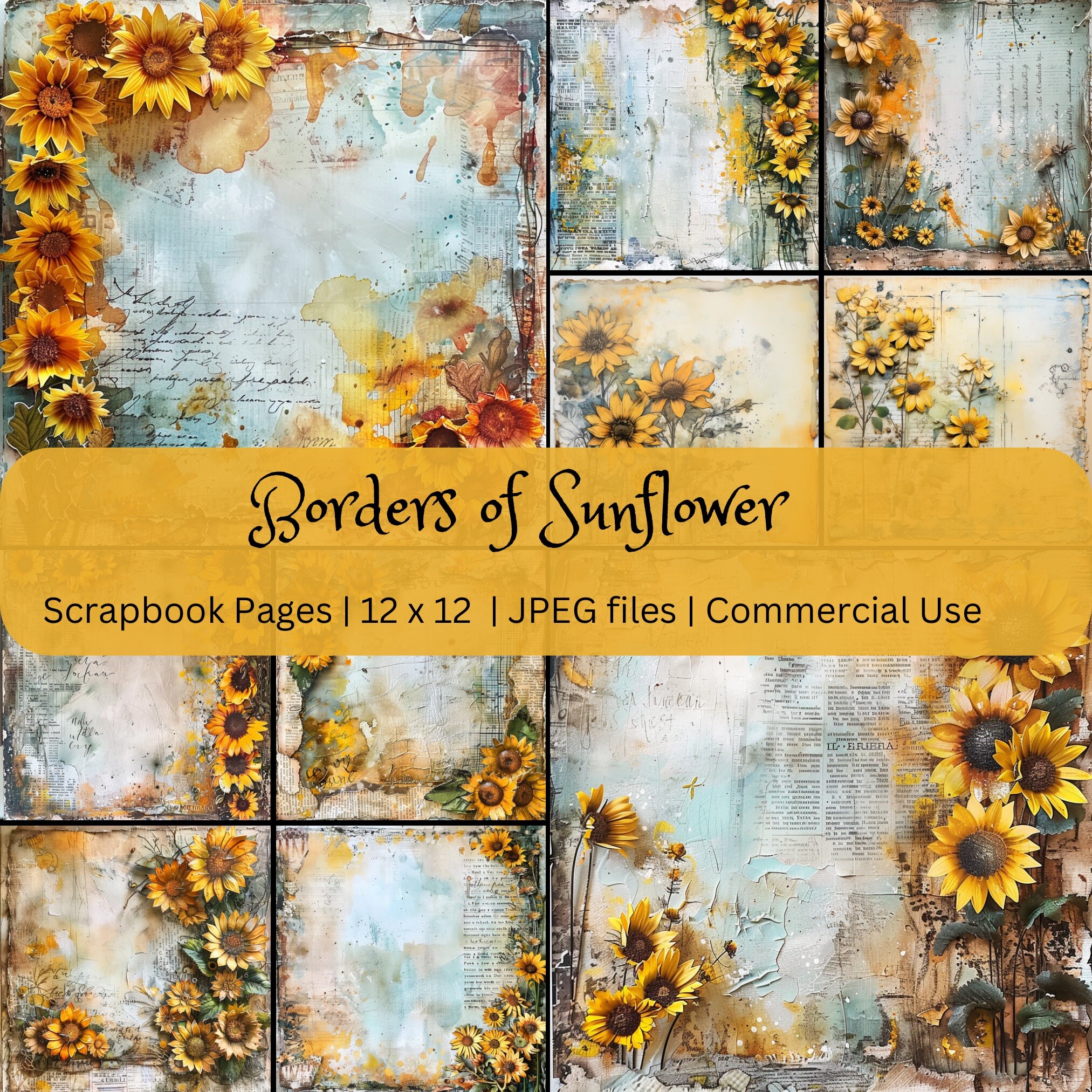 Sunflower Scrapbook Paper, Vintage Floral Digital Background ...
