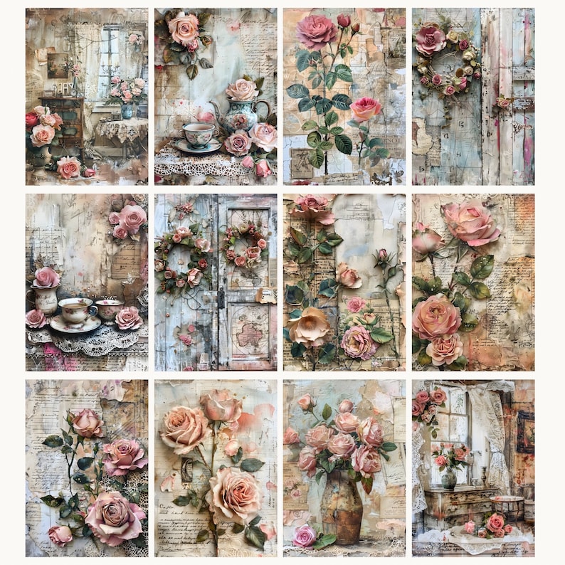 Vintage Shabby Roses Junk Journal Pages, Digital Download, 24 Printable ...