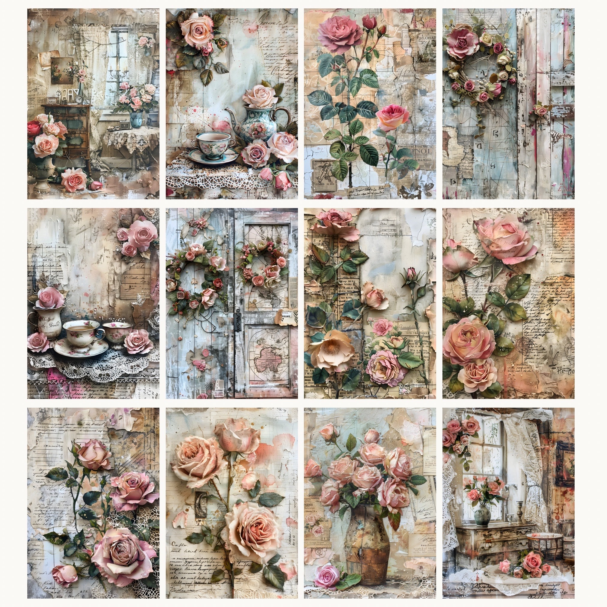 Vintage Shabby Roses Junk Journal Pages, Digital Download, 24 Printable ...