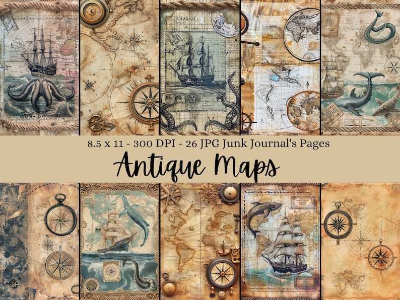 Vintage Maps Digital Paper, Antique Nautical Map Printables, Old World ...