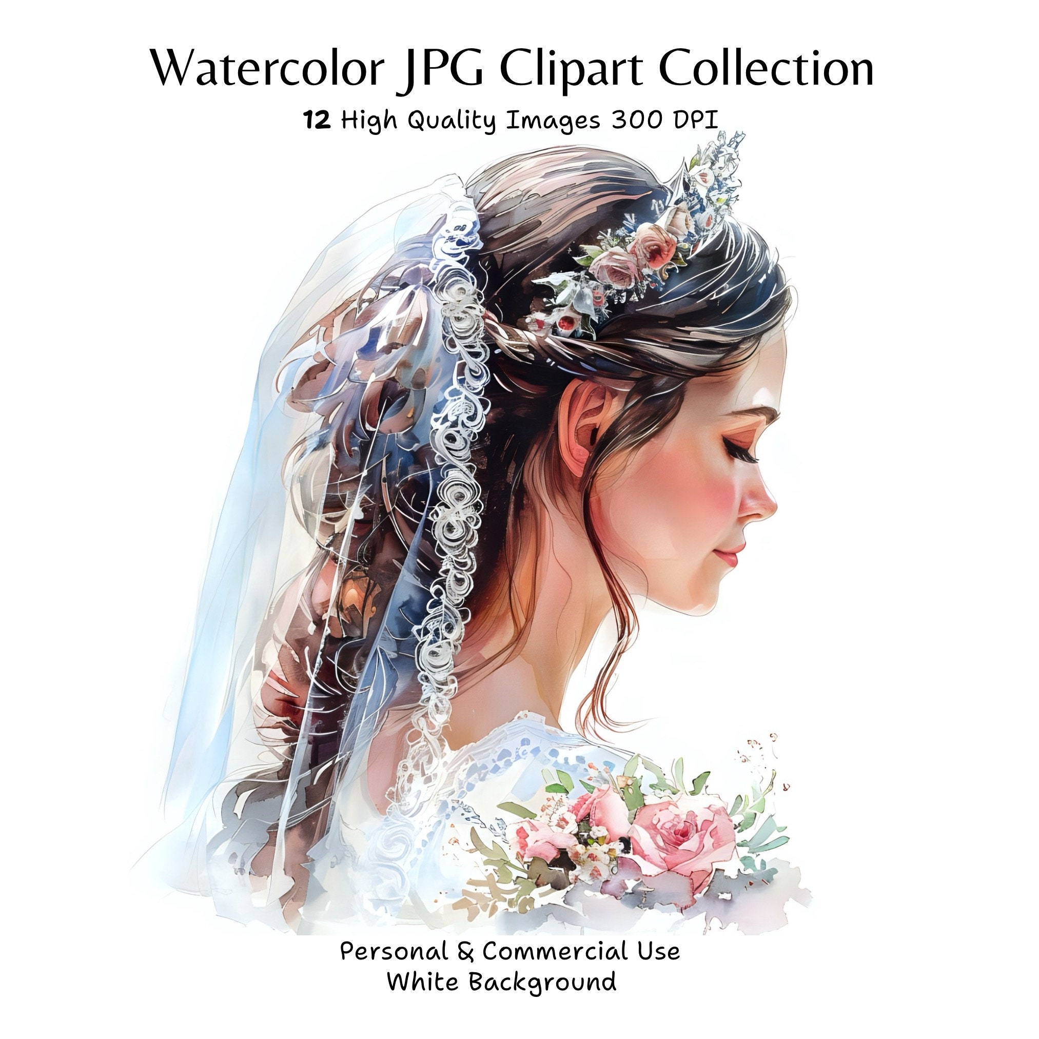 Bridal Veil and Tiara Watercolor Clipart, Wedding Day Illustration, JPG ...