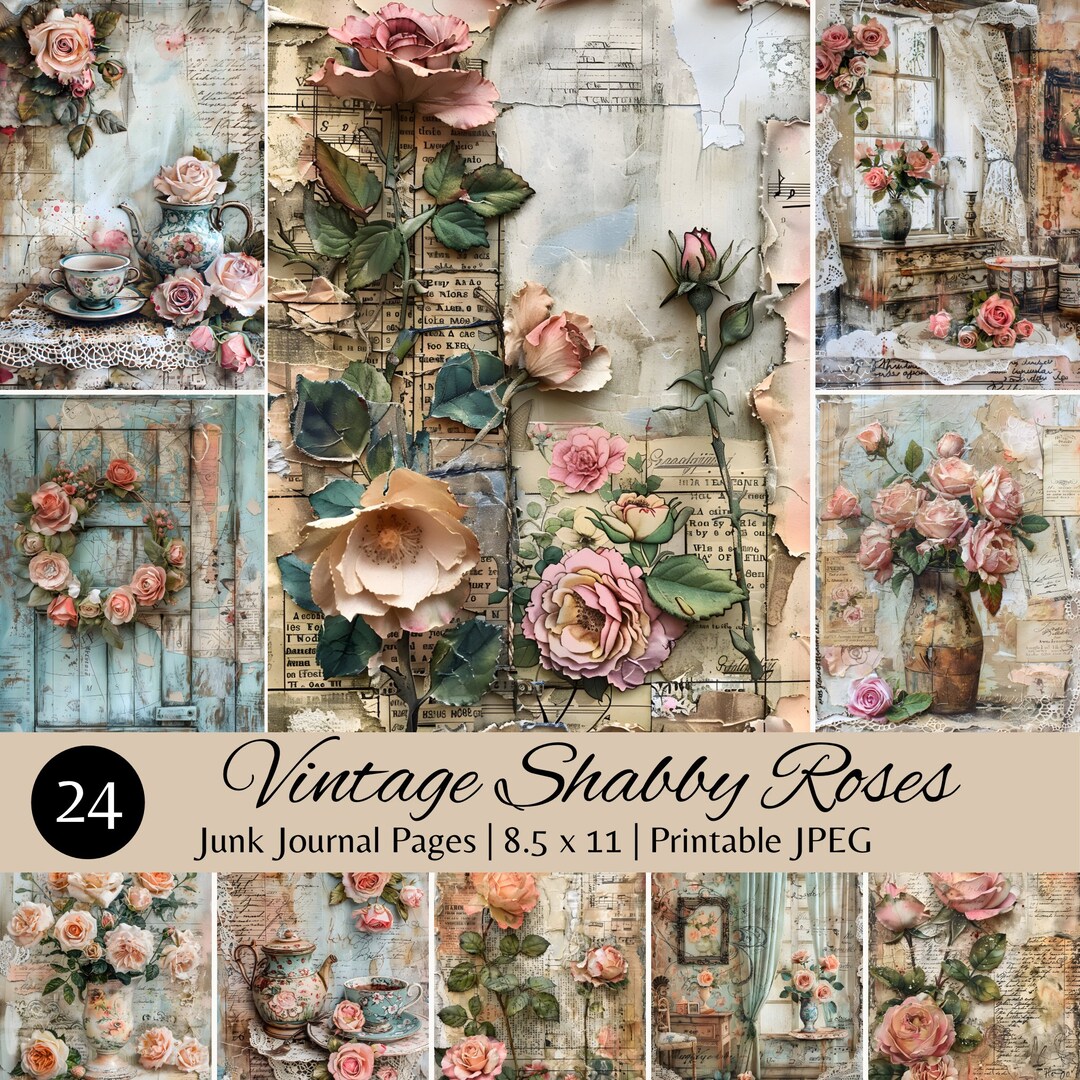 Vintage Shabby Roses Junk Journal Pages, Digital Download, 24 Printable ...