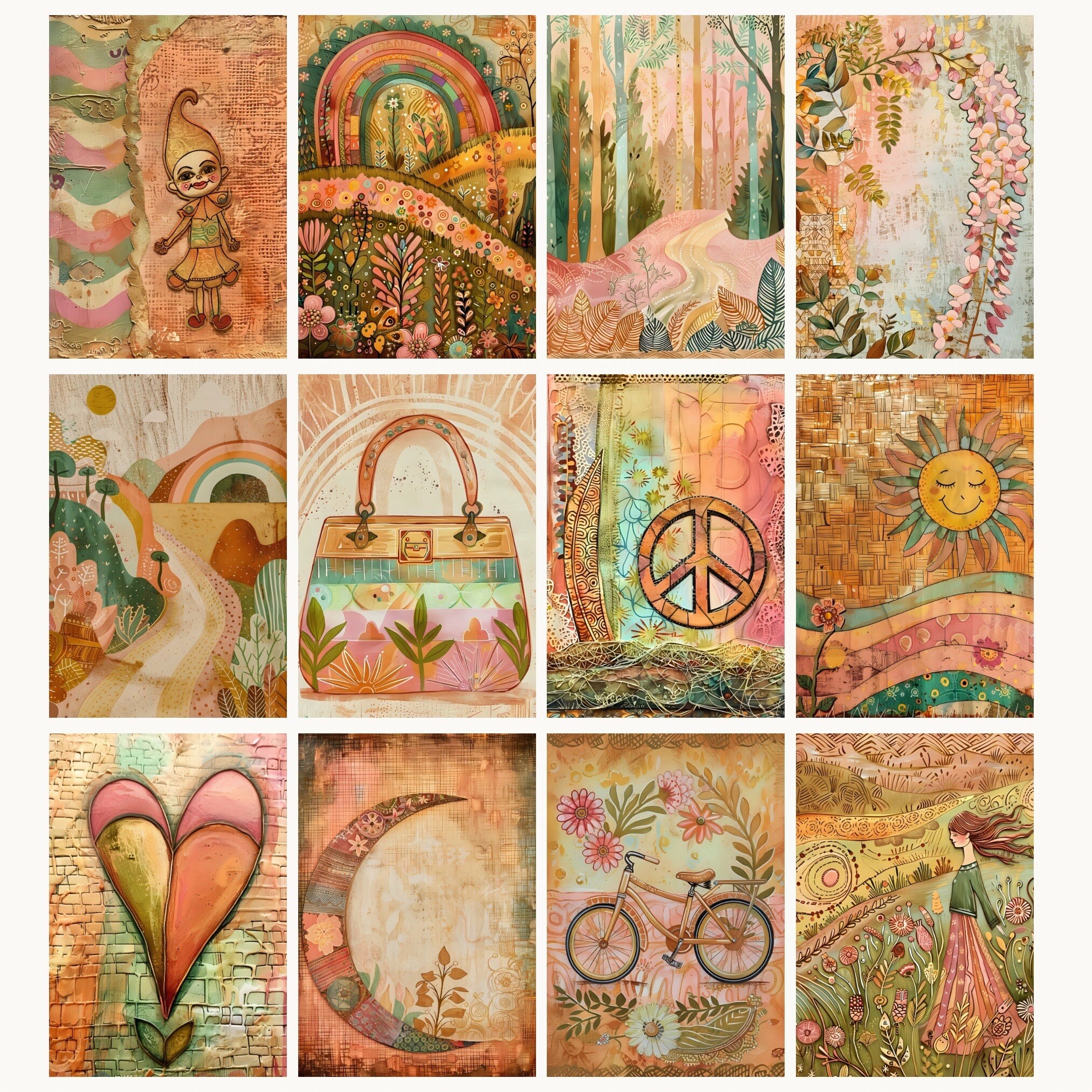 Vintage Hippie Boho Digital Papers, Junk Journal Printable, Peace Love ...