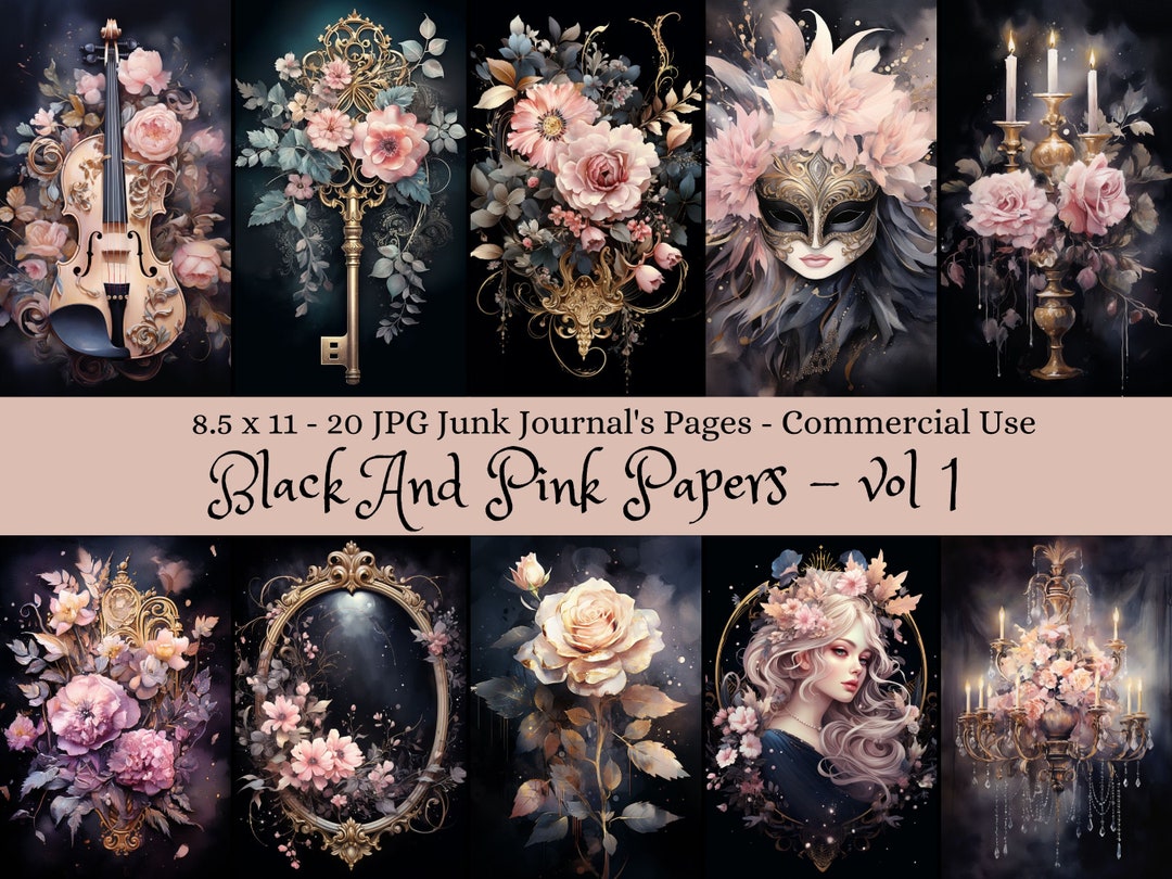 Black and Pink Digital Paper Pack, Floral Junk Journal Pages ...