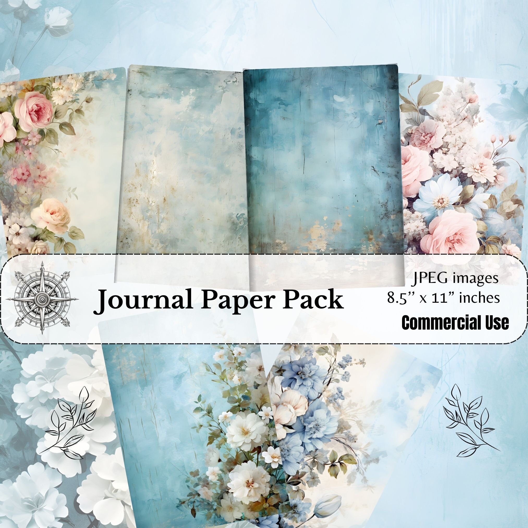 Shabby Chic Pastel Blue Floral Digital Papers, Junk Journal Vintage ...