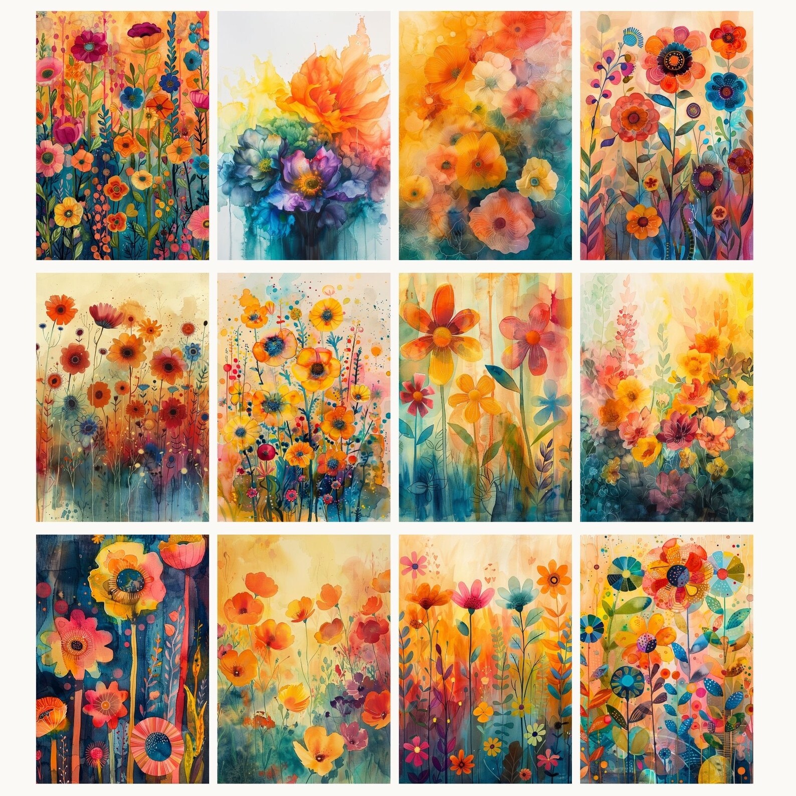 Printable Abstract Floral Art Set of 24, Vibrant Flower Wall Decor ...