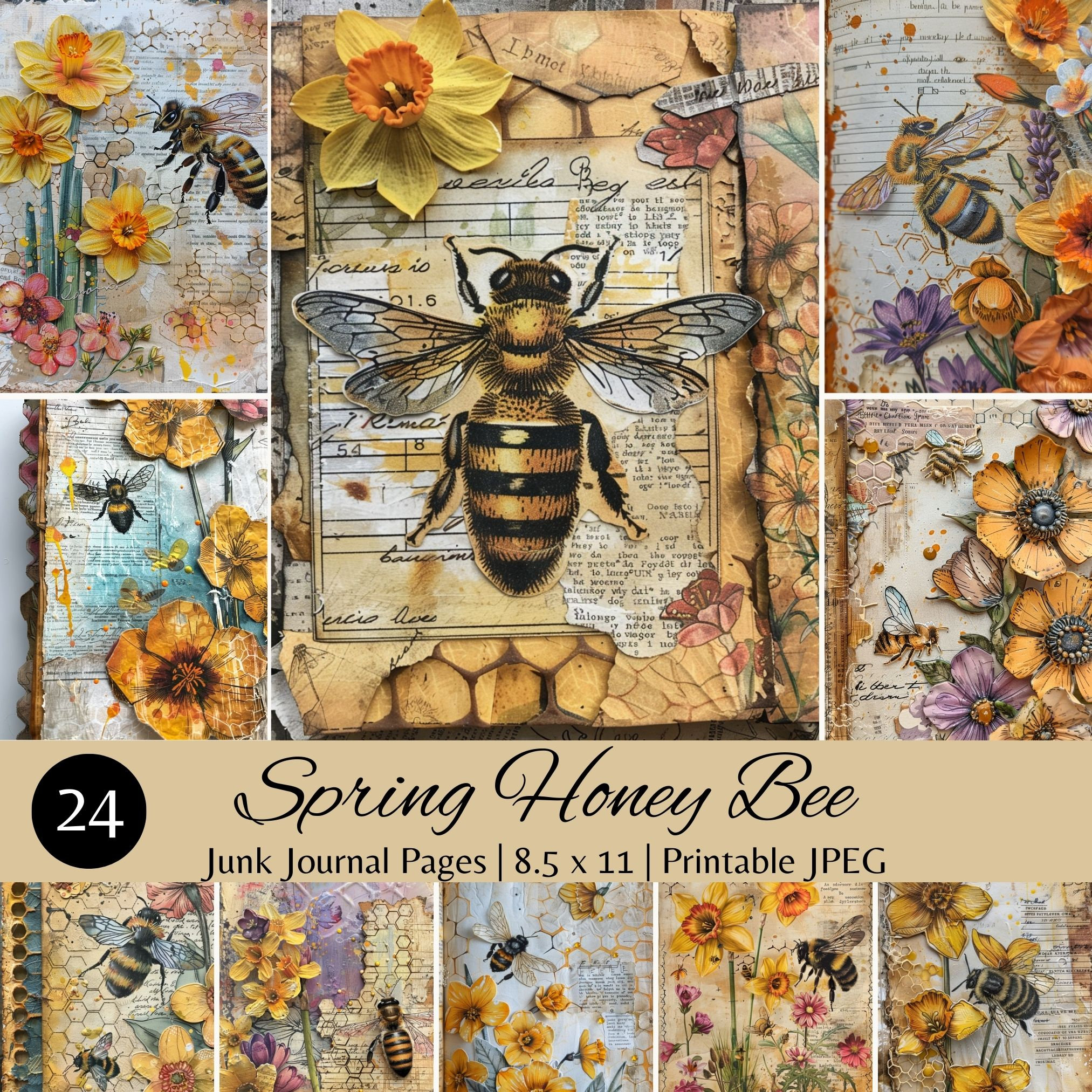 Spring Honey Bee Junk Journal Pages, Printable Vintage Bee Theme, 8 ...