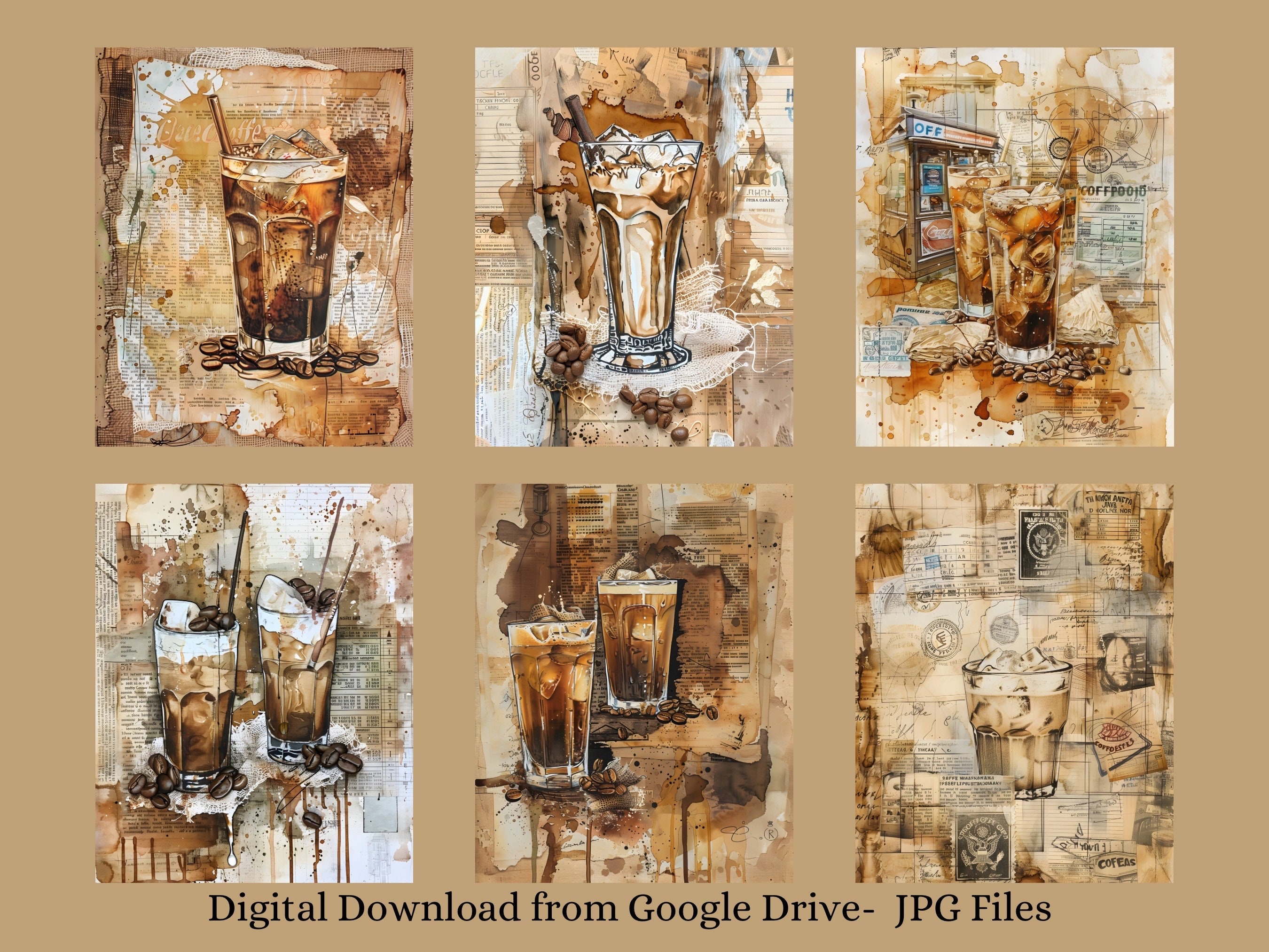 Vintage Coffee Art Digital Paper Pack, Junk Journal Pages, Commercial ...