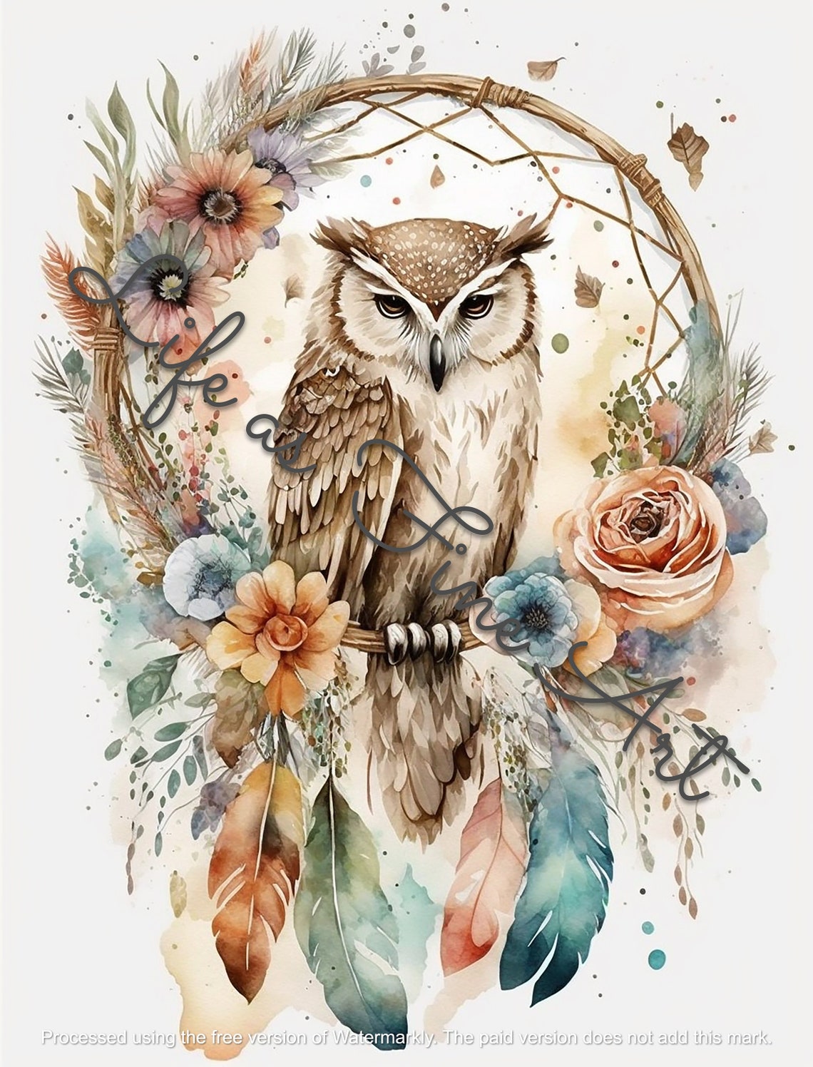 Watercolor Boho Owls Clipart With Boho Flowers, Dreamcatcher & Boho ...