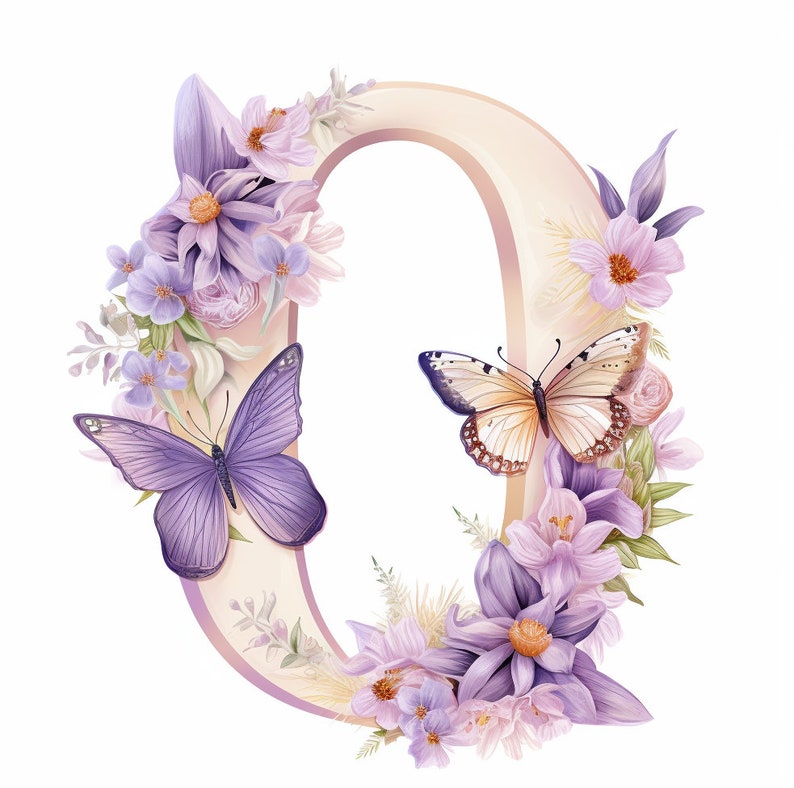 Watercolor English Alphabet Letters in Violet Colors With Flowers for ...