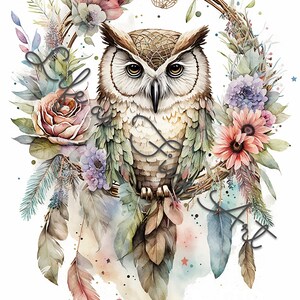 Watercolor Boho Owls Clipart With Boho Flowers, Dreamcatcher & Boho ...