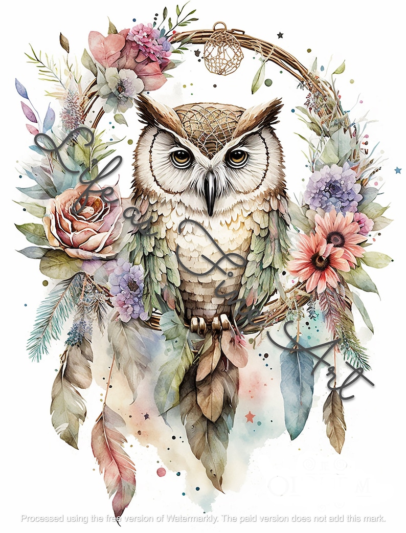 Watercolor Boho Owls Clipart With Boho Flowers, Dreamcatcher & Boho ...