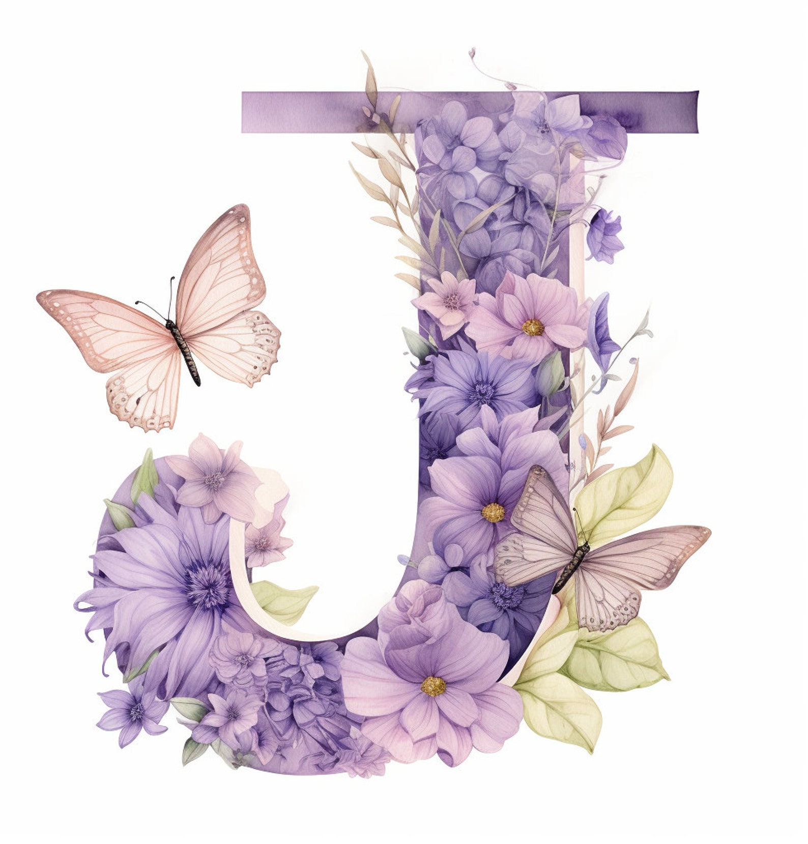 Watercolor English Alphabet Letters in Violet Colors With Flowers for ...