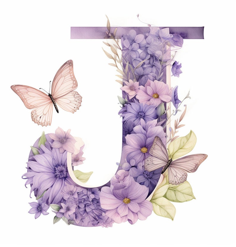 Watercolor English Alphabet Letters in Violet Colors With Flowers for ...