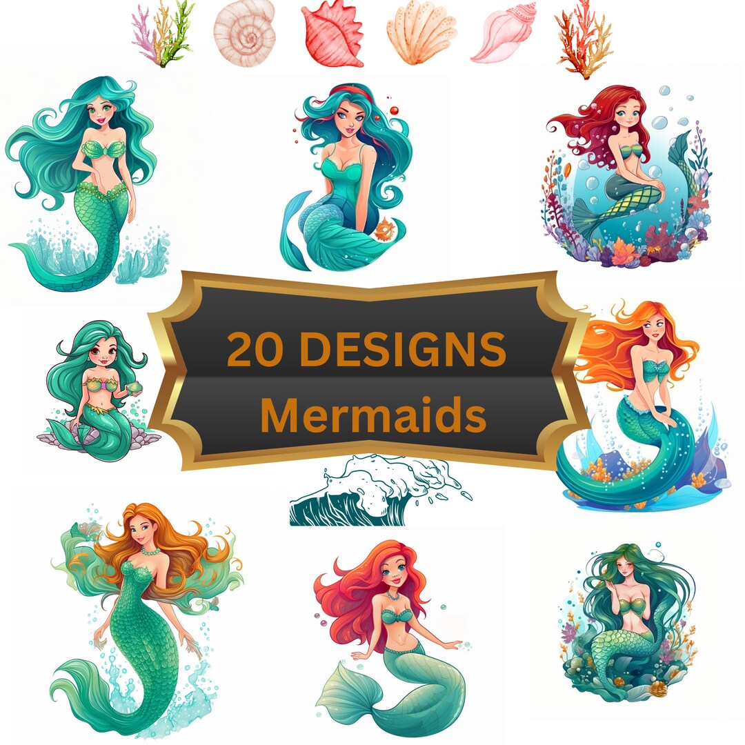 Mermaids Cartoon Clipart, Ocean Wildlife, 20 Designs of Mermaids in PNG ...