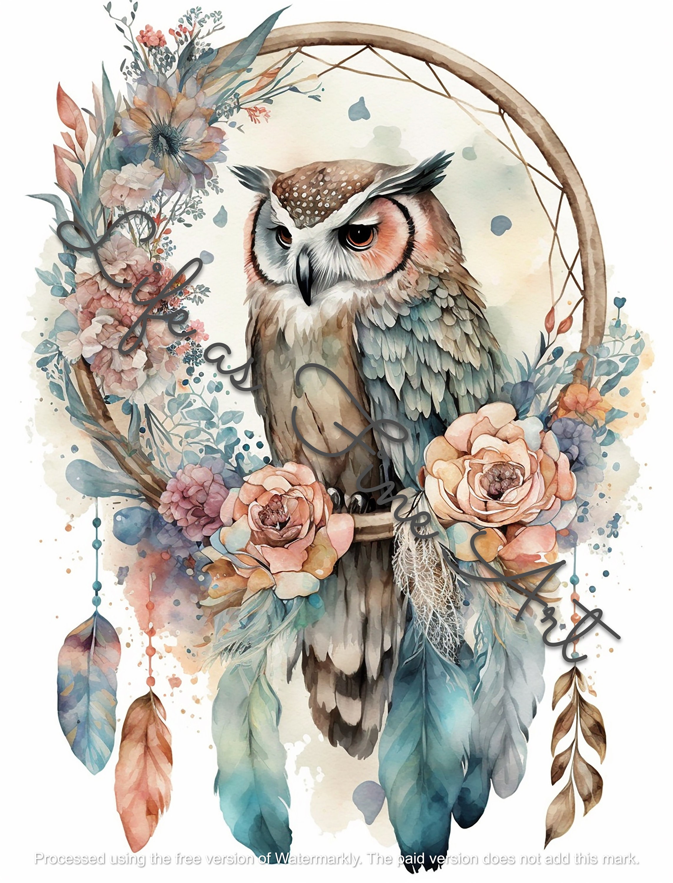 Watercolor Boho Owls Clipart With Boho Flowers, Dreamcatcher & Boho ...