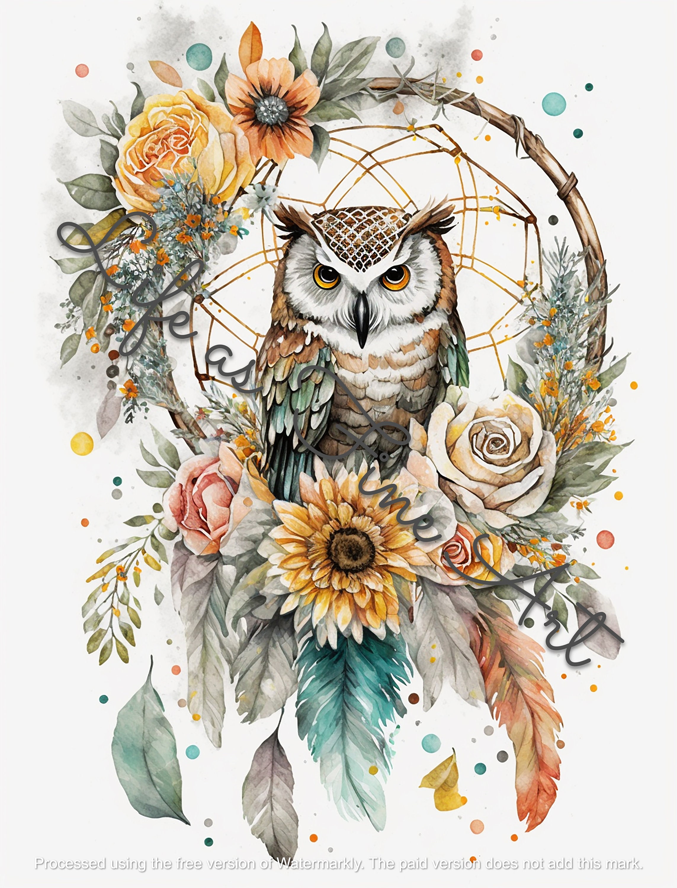 Watercolor Boho Owls Clipart With Boho Flowers, Dreamcatcher & Boho ...