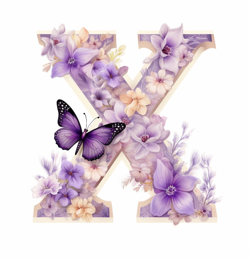 Watercolor English Alphabet Letters in Violet Colors With Flowers for ...