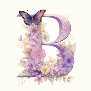 Watercolor English Alphabet Letters in Violet Colors With Flowers for ...