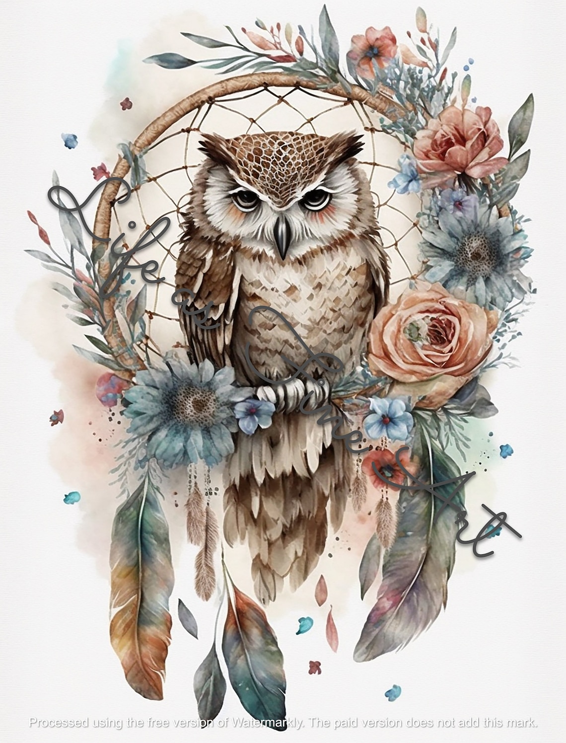 Watercolor Boho Owls Clipart With Boho Flowers, Dreamcatcher & Boho ...