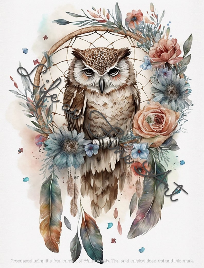 Watercolor Boho Owls Clipart With Boho Flowers, Dreamcatcher & Boho ...