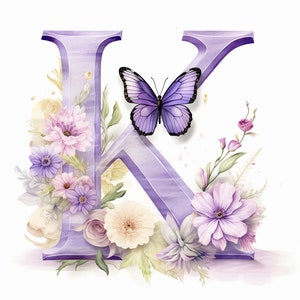 Watercolor English Alphabet Letters in Violet Colors With Flowers for ...