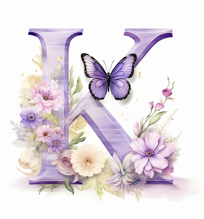 Watercolor English Alphabet Letters in Violet Colors With Flowers for ...