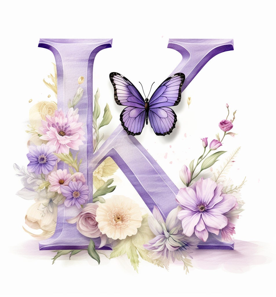 Watercolor English Alphabet Letters in Violet Colors With Flowers for ...