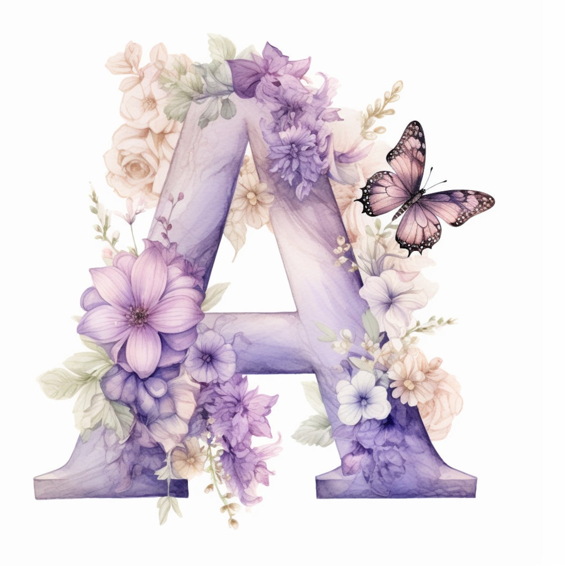 Watercolor English Alphabet Letters in Violet Colors With Flowers for ...