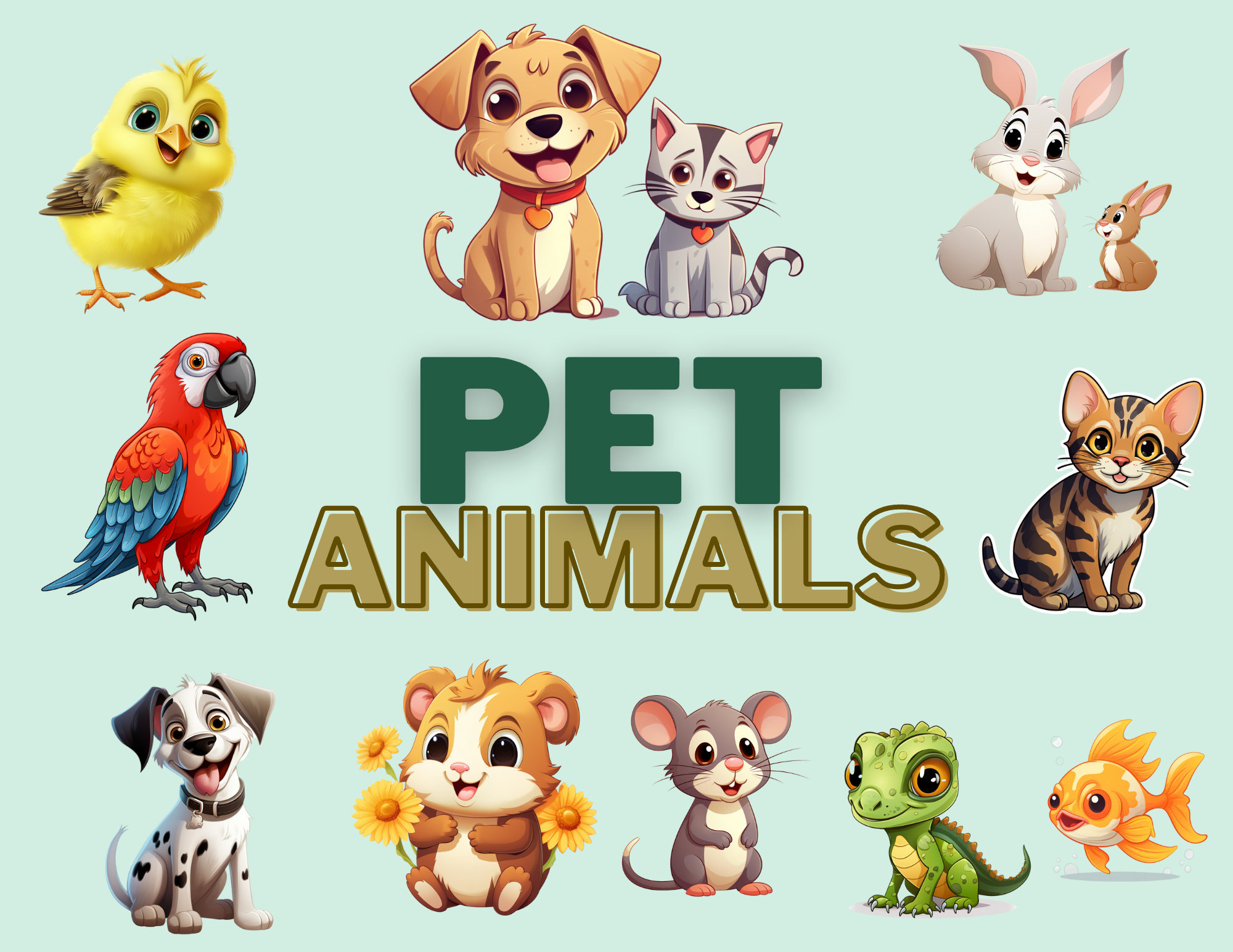 Cartoon Cute Pet Animals Clipart pet Animals Dog, Cat, Iguana, Rat ...