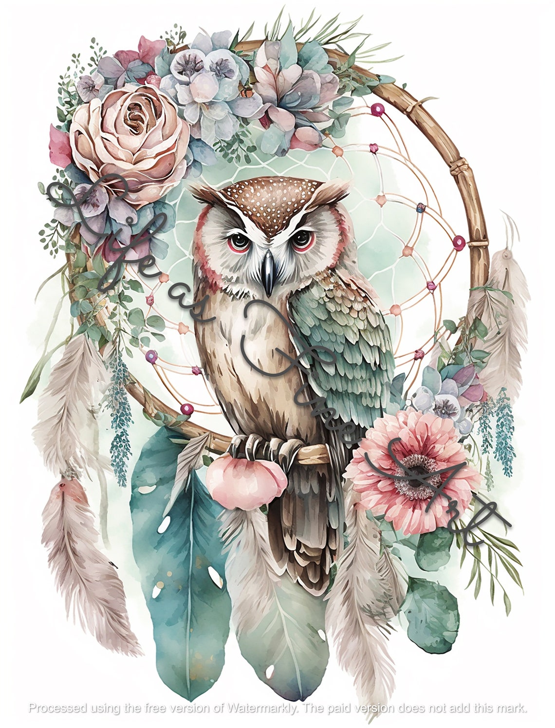 Watercolor Boho Owls Clipart With Boho Flowers, Dreamcatcher & Boho ...